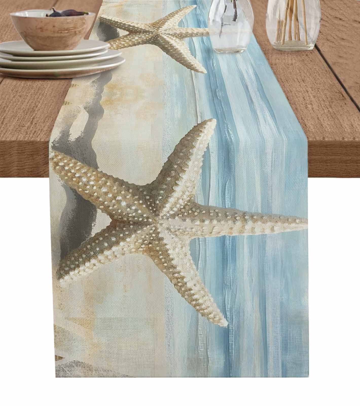 Coastal Beach Starafish Table Runner 120 Inches, Summer Ocean Wave Blue ...