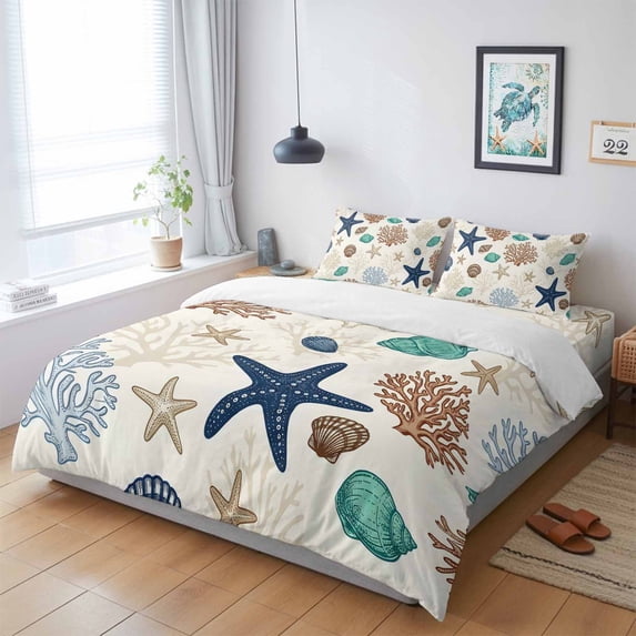 Coastal Beach Starfish Corals King Size Bed Set,Retro Ocean Shells ...