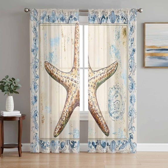 Coastal Beach Starfish Sheer Curtains 63 Inch Length 2 Panels Set ...