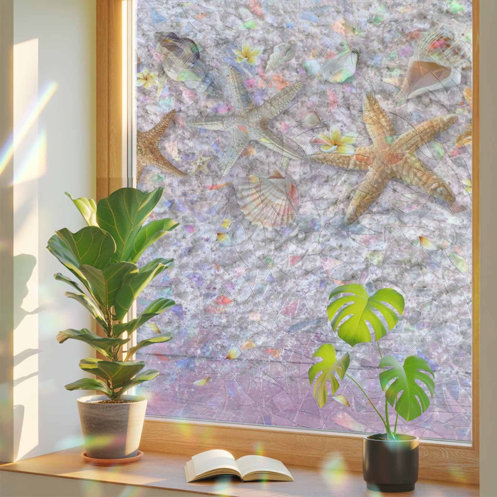 Coastal Beach Starfish Shell Conch Window Privacy Film, Rainbow Film ...