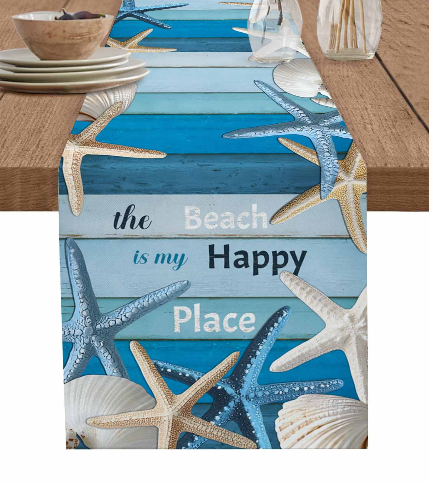 Coastal Beach Starfish Table Runner Cotton Linen 72 Inch Holiday Dresser Scarves, Ocean ...