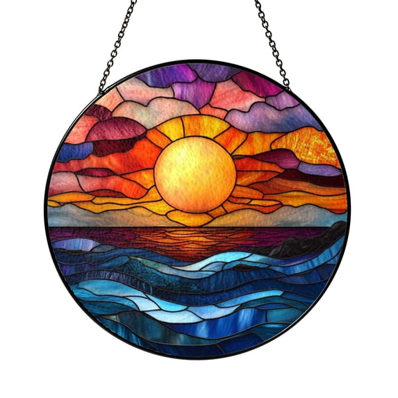 Coastal Beach Sunset Stained Glass Style Window Hanging, Ocean Horizon ...