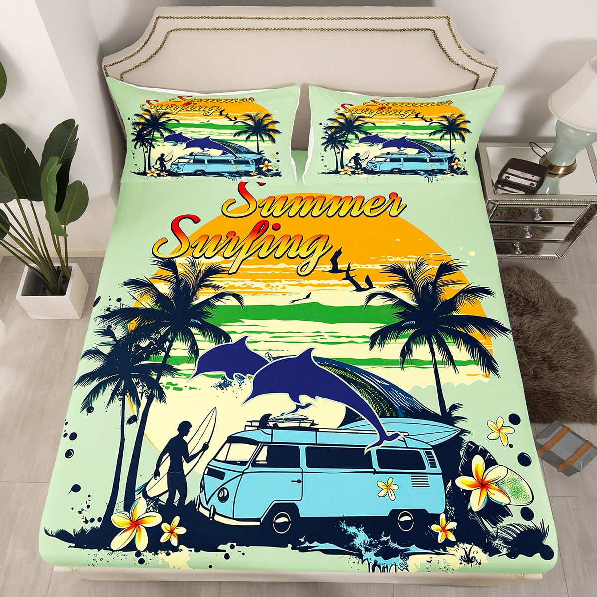 Coastal Beach Surf Full Fitted Sheet,Ocean Sea Surfer Bedding Set ...