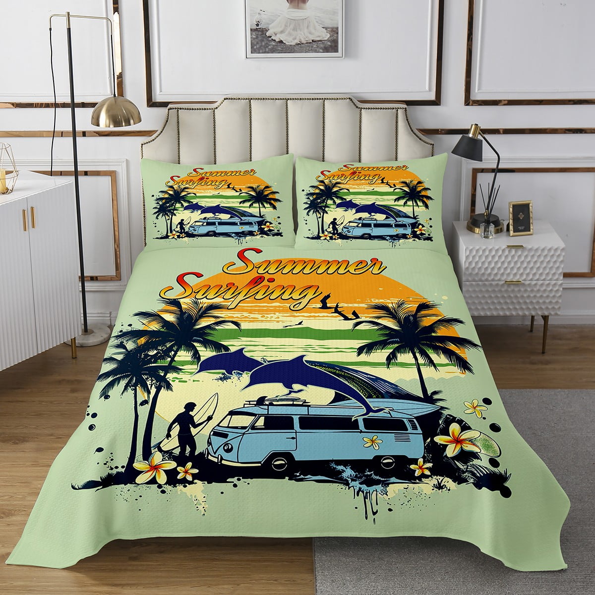 Coastal Beach Surf King Quilt Set,Ocean Sea Surfer Bedding Set for Kids ...