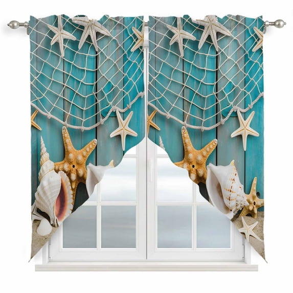 Coastal Beach Swag Curtain Valance for Window 2 Panels Starfish Conch ...