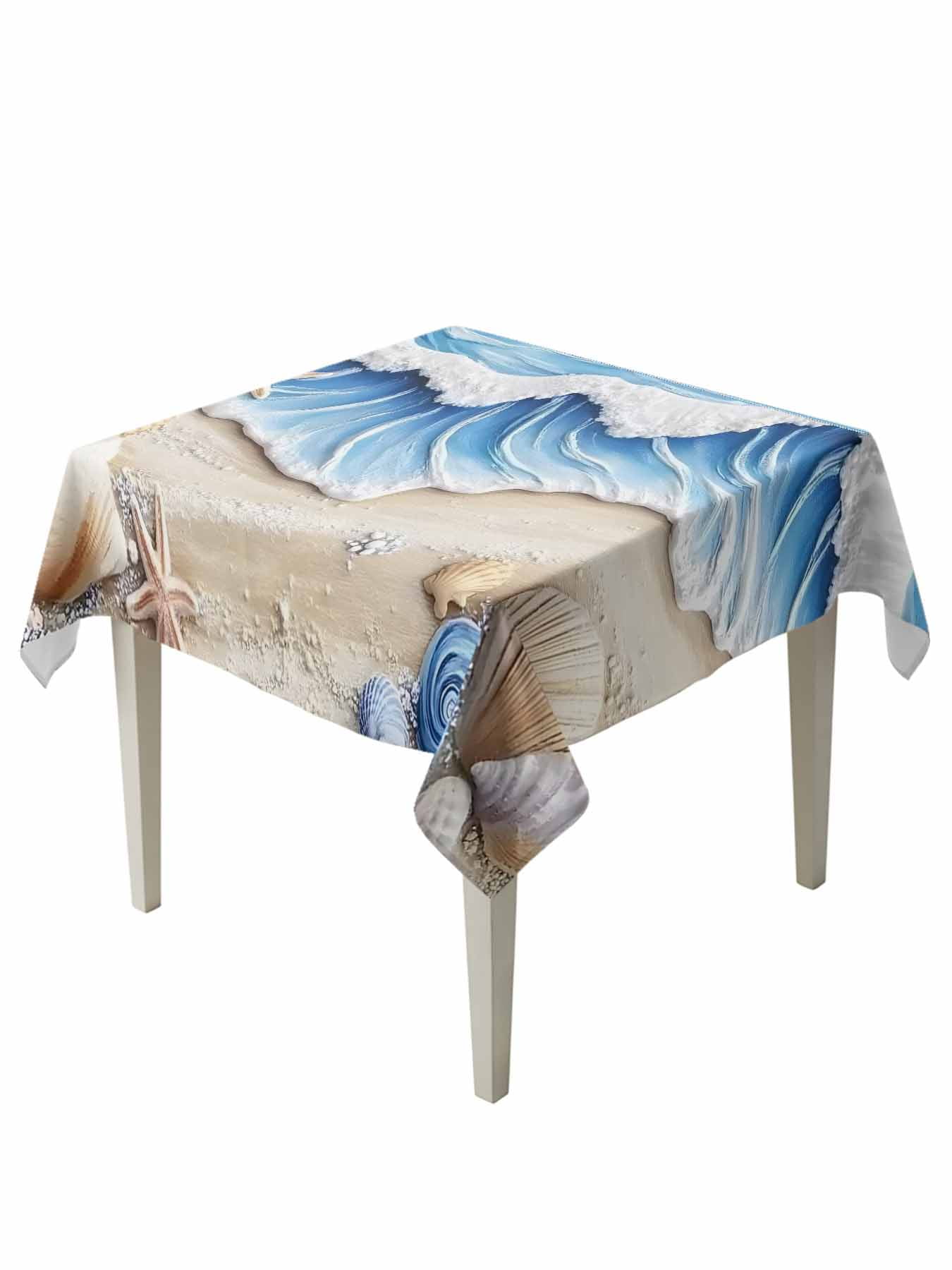 Coastal Beach Table Cloth, Blue Ocean Starfish Shell Seashore Sand ...