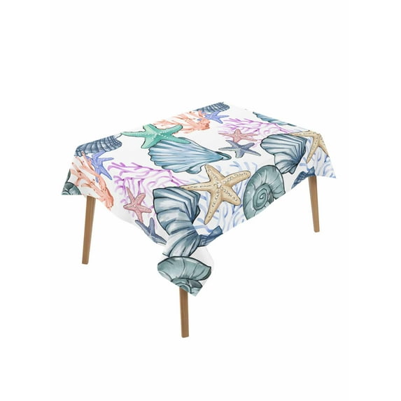 Coastal Beach Table Cloth, Watercolor Nautical Starfish Shell ...