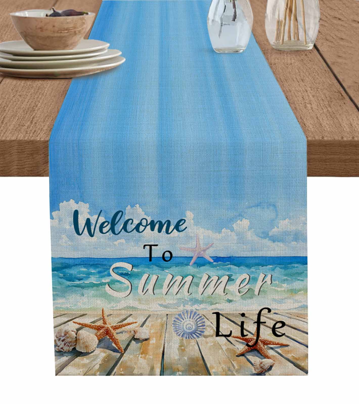 Coastal Beach Table Runner 108 Inches, Retro Summer Ocean Wave Starfish ...