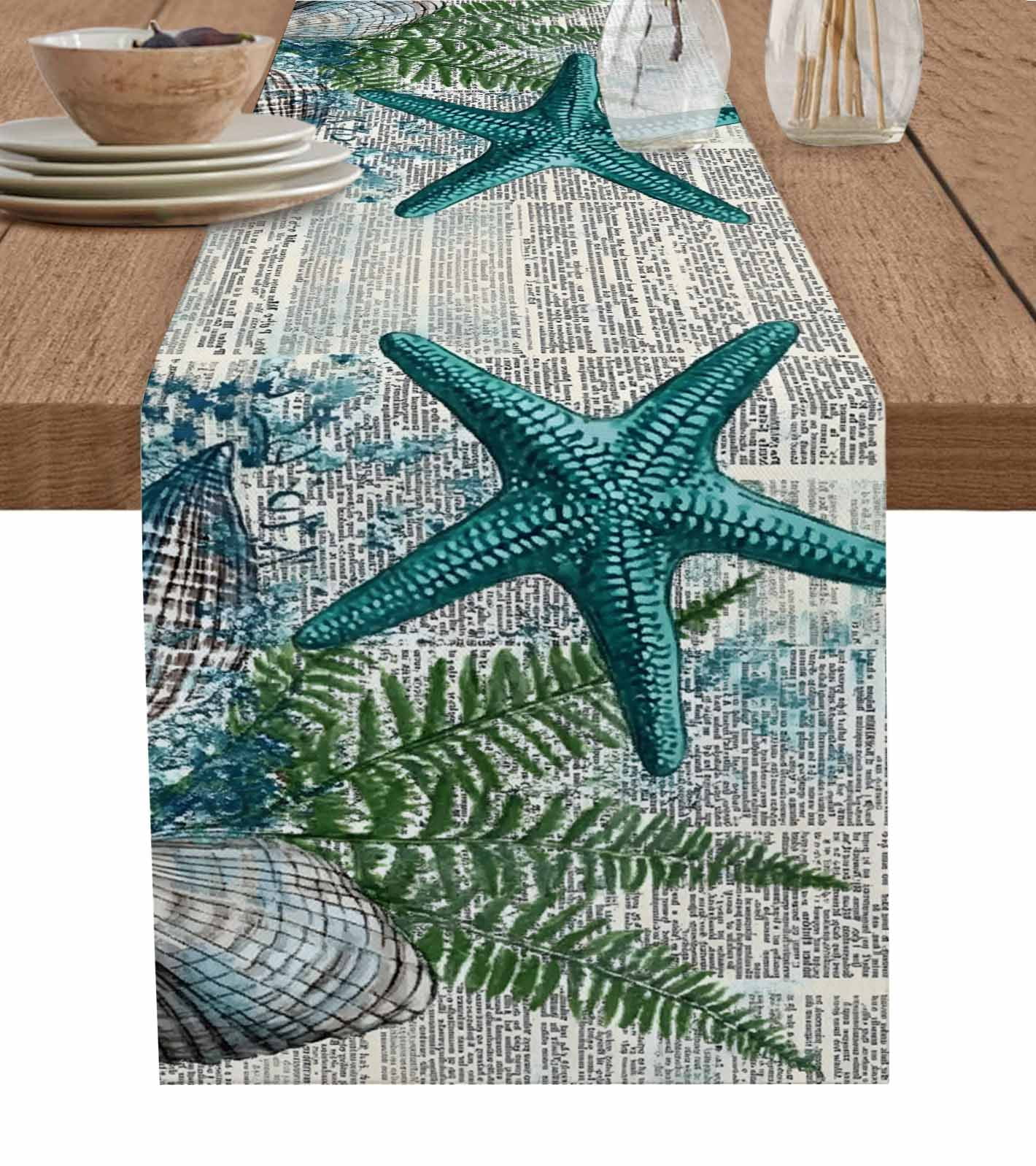 Coastal Beach Table Runner 108 Inches, Vintage Ocean Starfish Conch ...