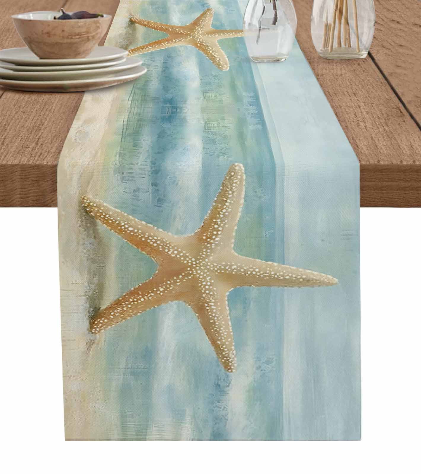 Coastal Beach Table Runner 120 Inches, Summer Retro Ocean Wave Starfish ...