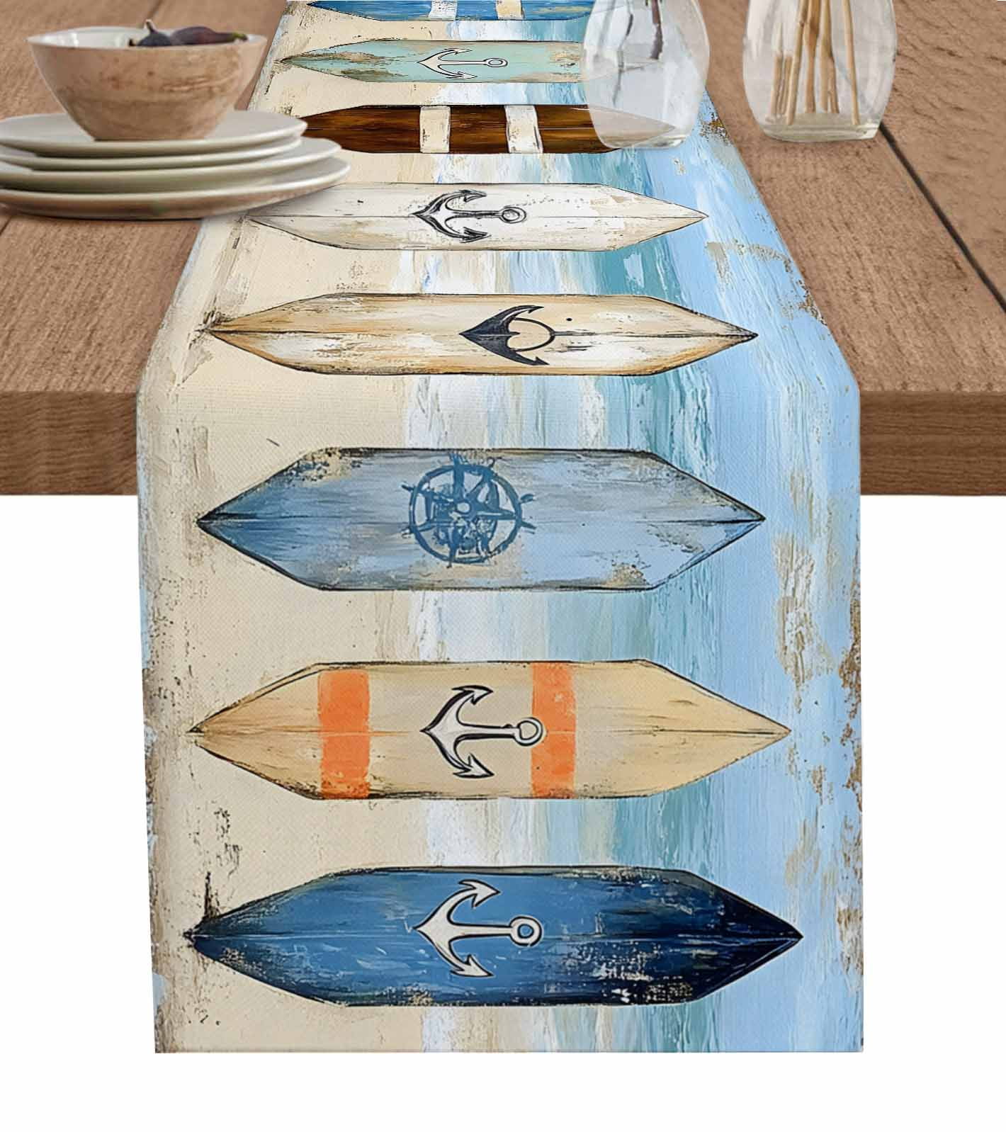 Coastal Beach Table Runner 36 Inches, Nautical Wave Anchor on Stripe ...