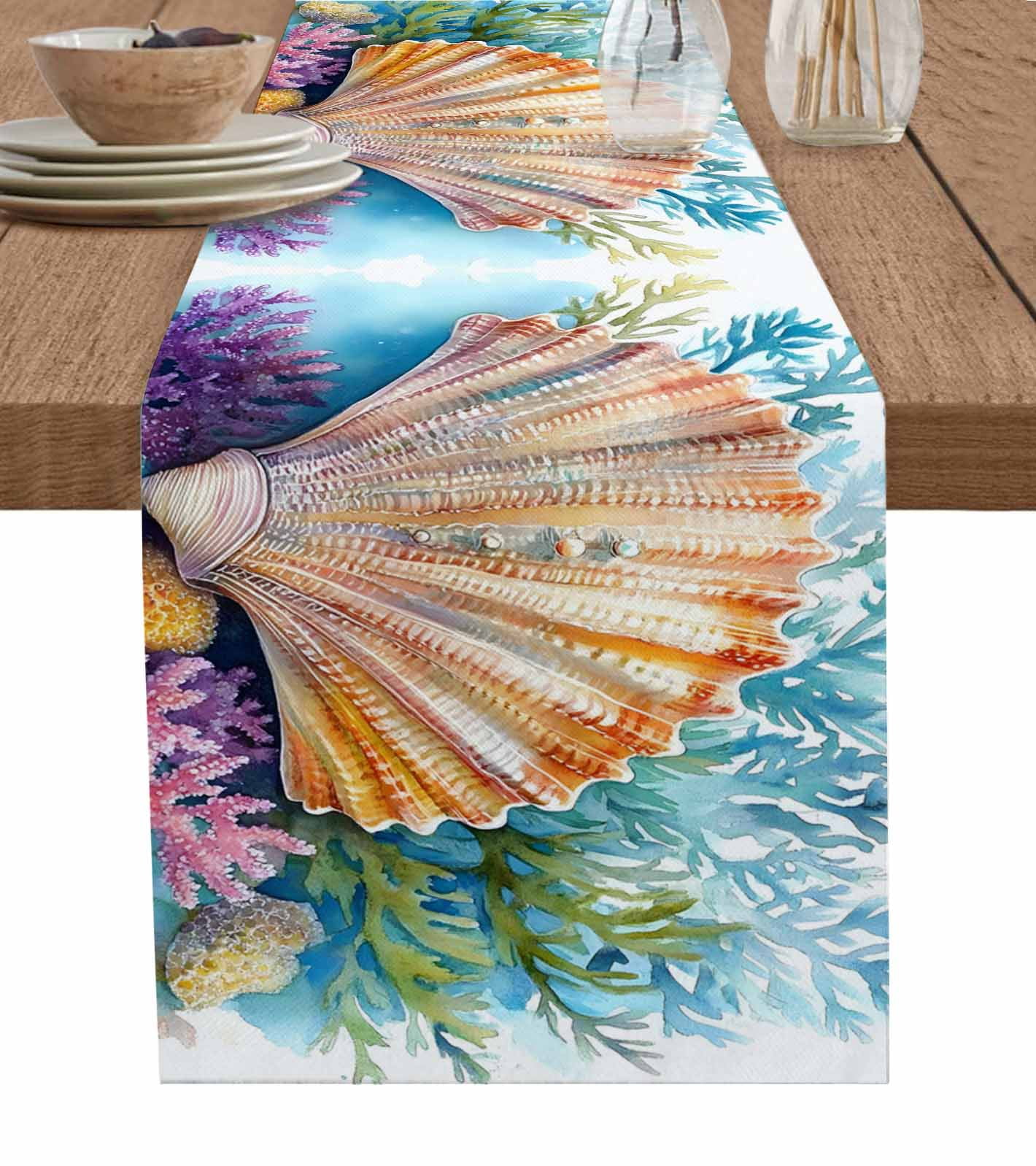 Coastal Beach Table Runner 60 Inches, Summer Ocean Colorful Shell Coral ...