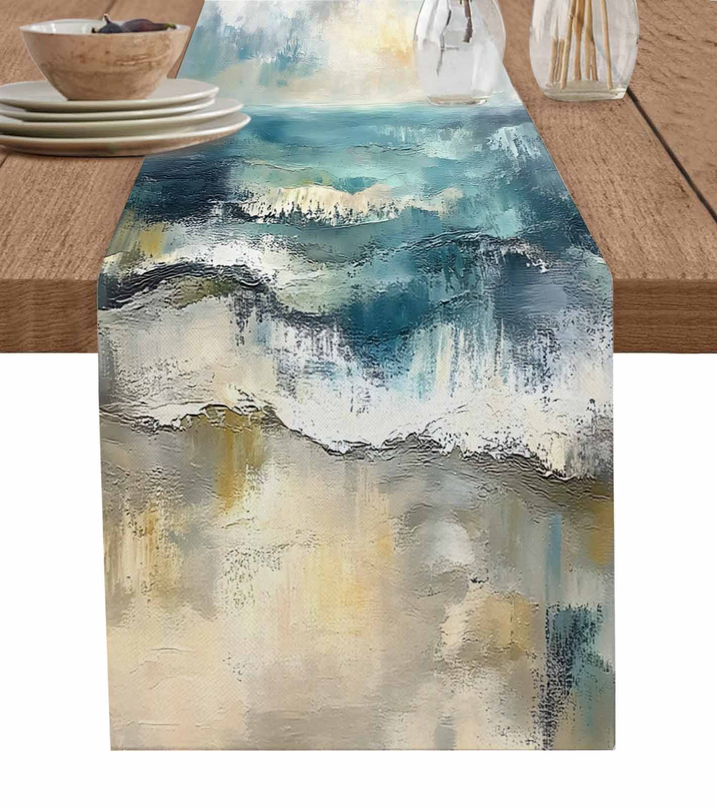 Coastal Beach Table Runner 70 Inches, Abstract Oil Painting Ocean Wave ...