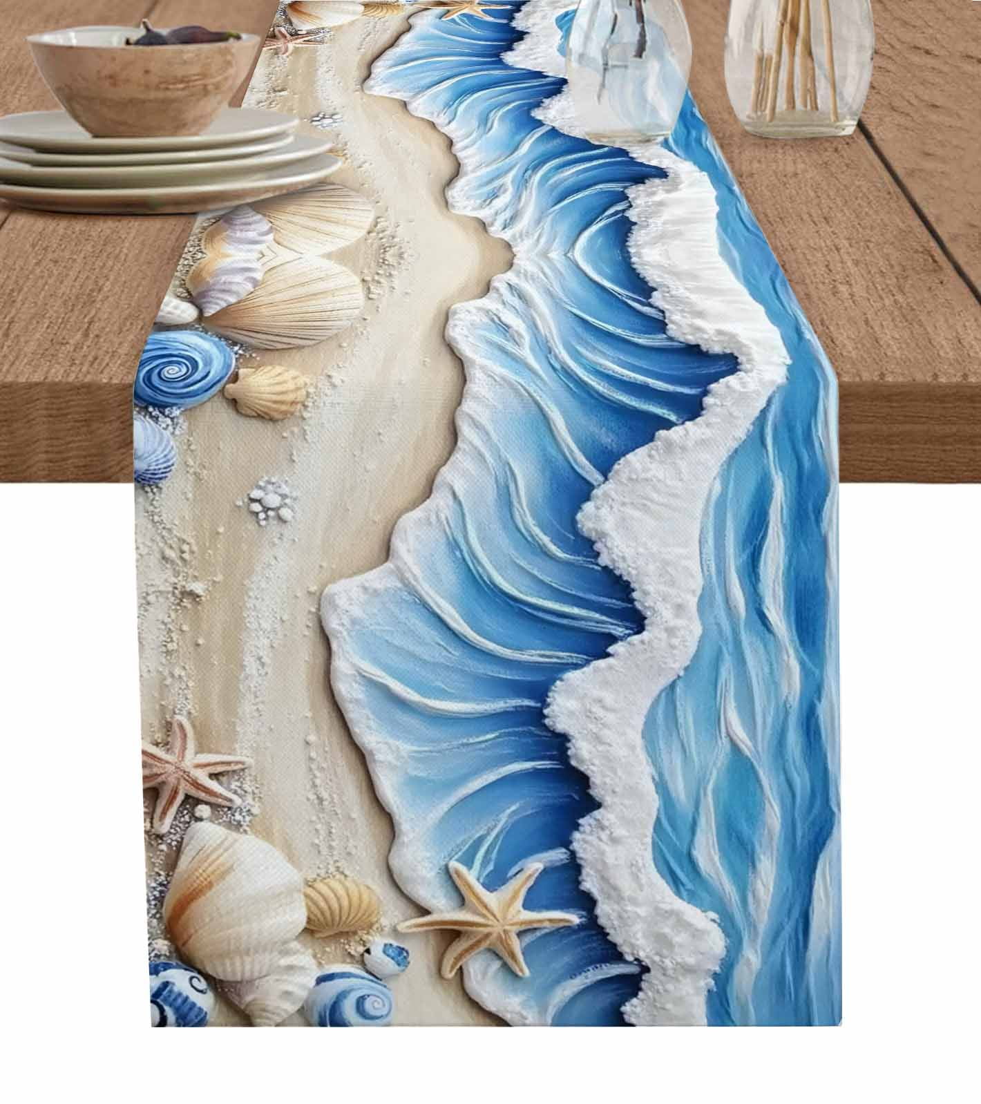 Coastal Beach Table Runner 72 Inches, Blue Ocean Starfish Shell ...