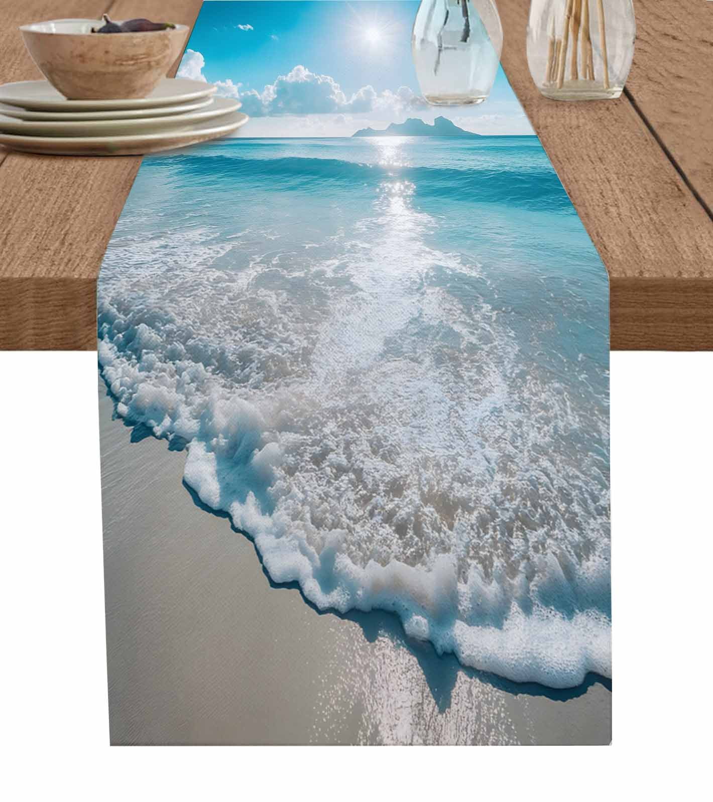 Coastal Beach Table Runner 72 Inches, Blue Ocean Sunrise Waves Sand ...