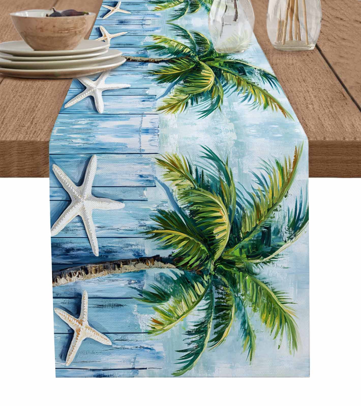 Coastal Beach Table Runner 72 Inches, Green Tropical Palm Vintage Blue ...