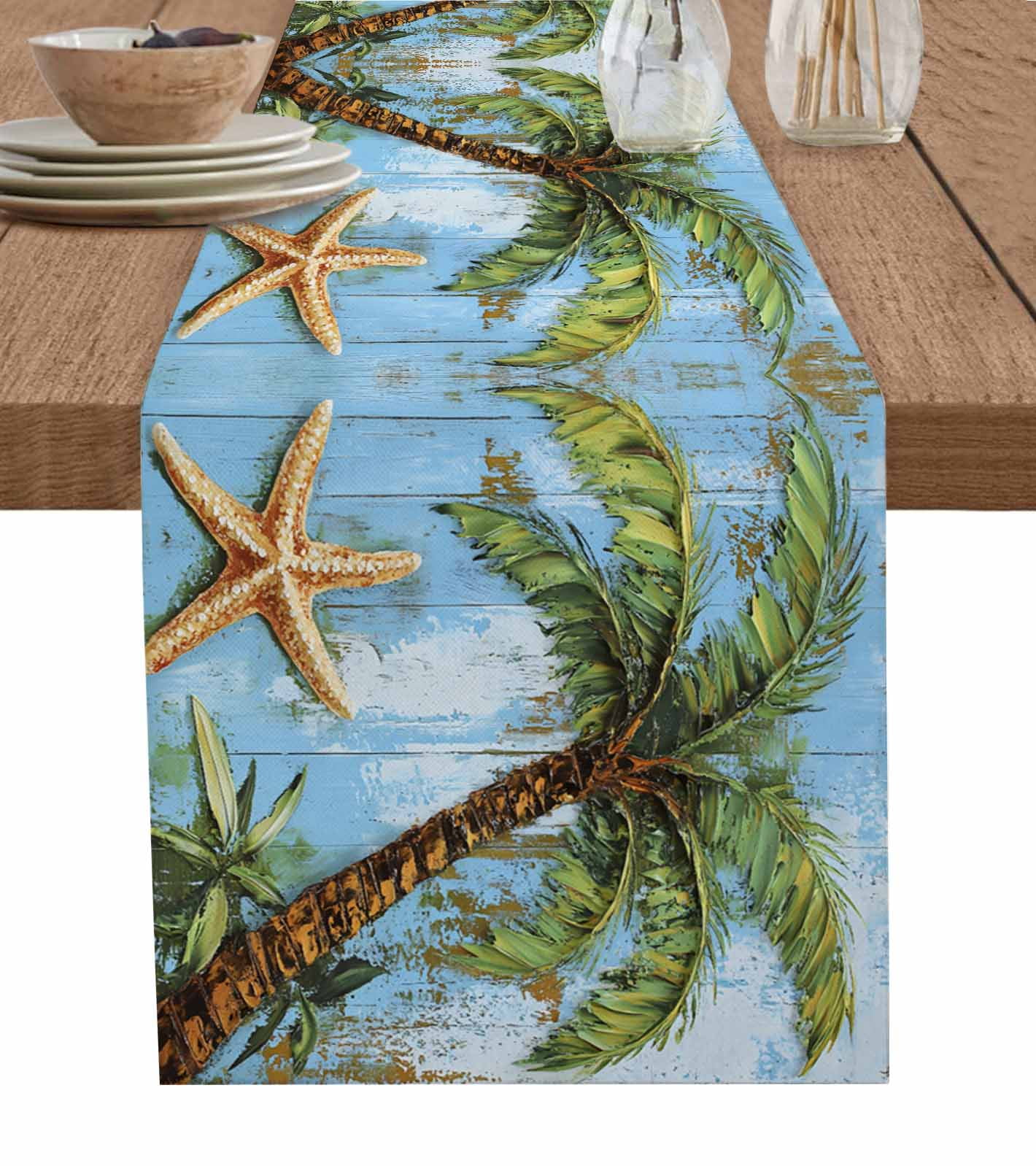 Coastal Beach Table Runner 72 Inches, Oil Painted Tropical Palm Tree ...