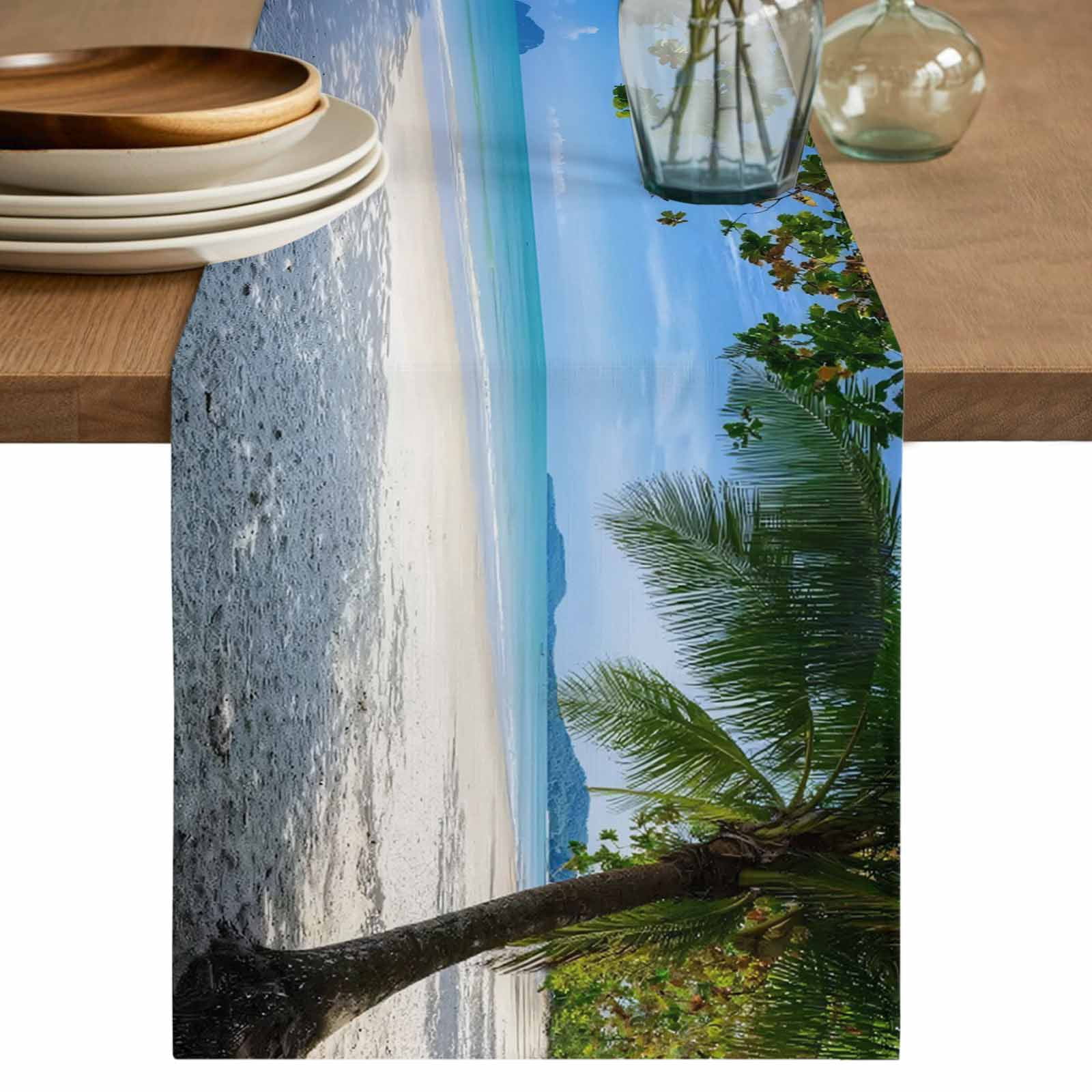 Coastal Beach Table Runner 72 Inches, Summer Ocean Sea Modern Palm ...