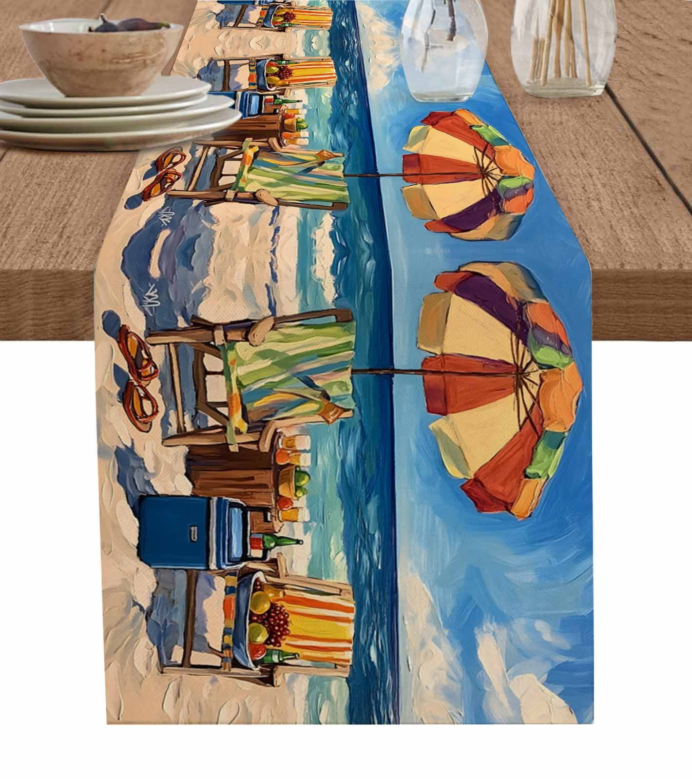 Coastal Beach Table Runner 72 Inches, Vintage Summer Ocean Sea Wave Oil ...