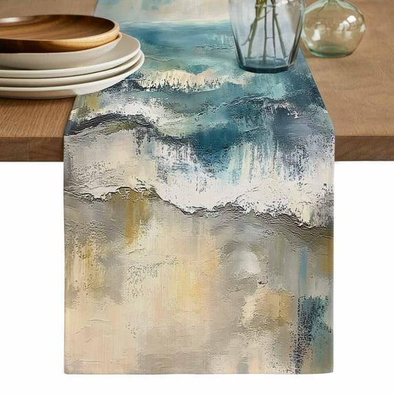 Coastal Beach Table Runner, Abstract Oil Painting Ocean Wave Washable ...