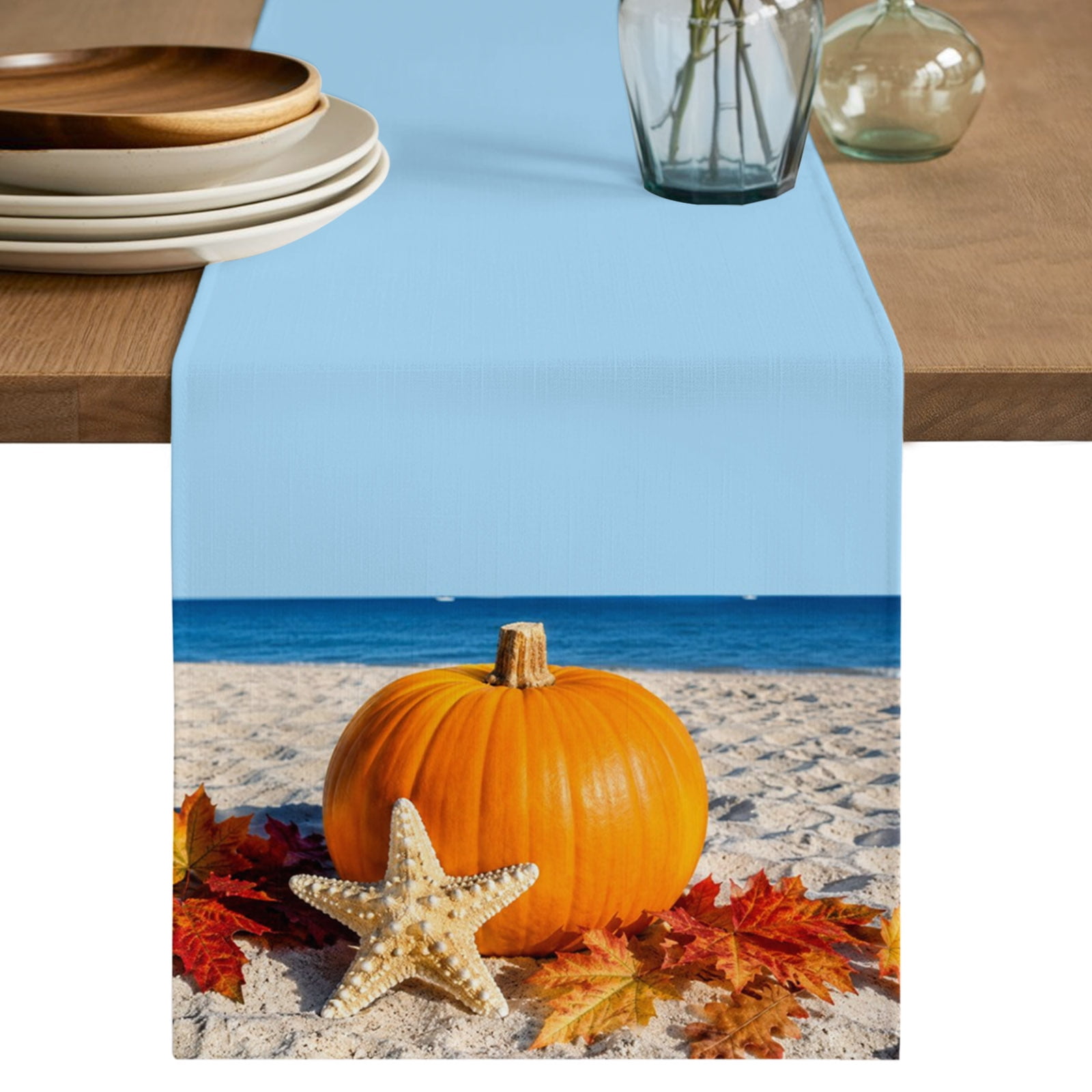 Coastal Beach Table Runner, Autumn Harvest Orange Pumpkin Maple Leaf ...