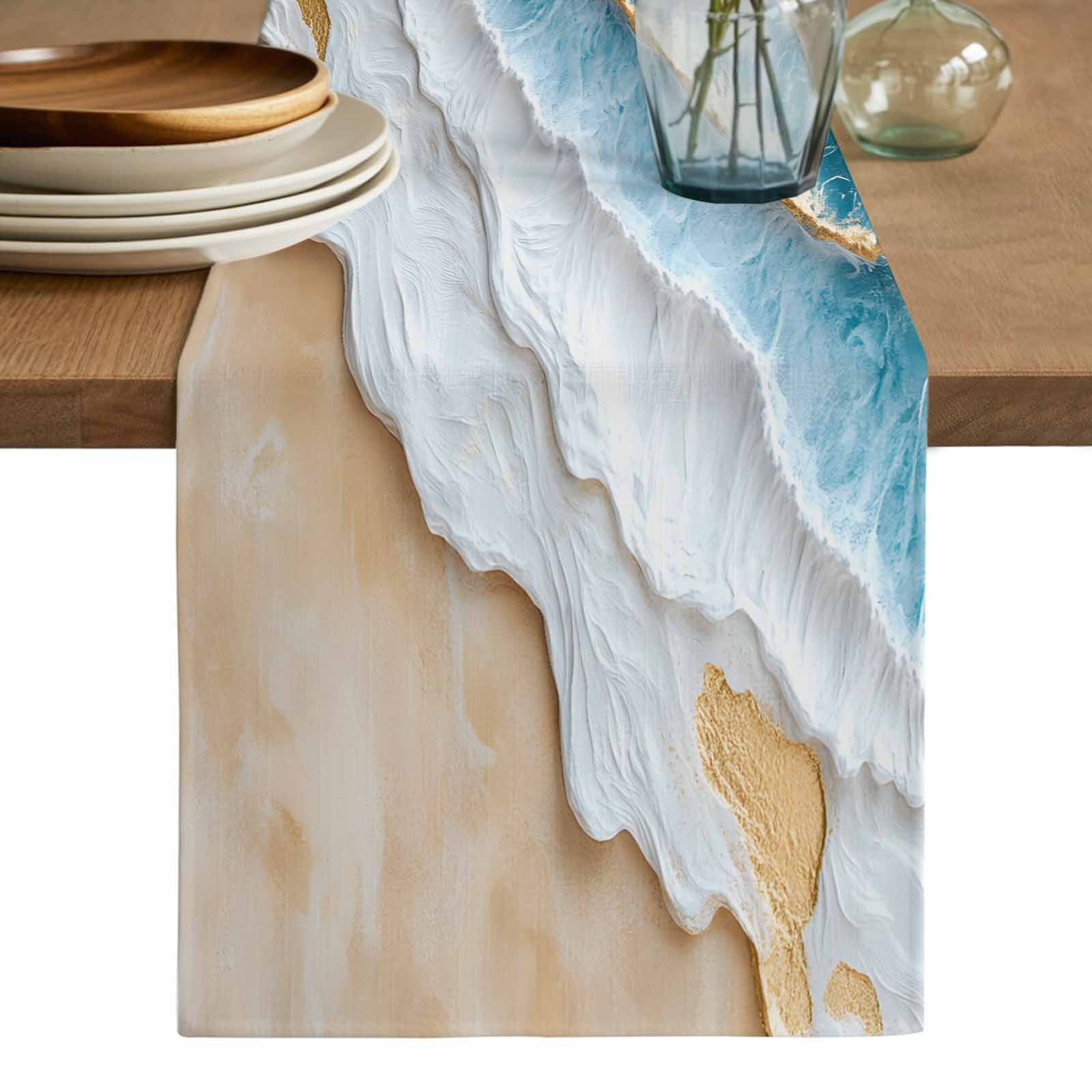 Coastal Beach Table Runner, Nautical Ocean Blue Beige Seaside Washable ...