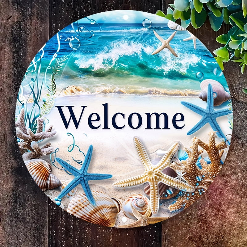 Coastal Beach Theme Wooden Welcome Sign, 12inch Round Shell and ...