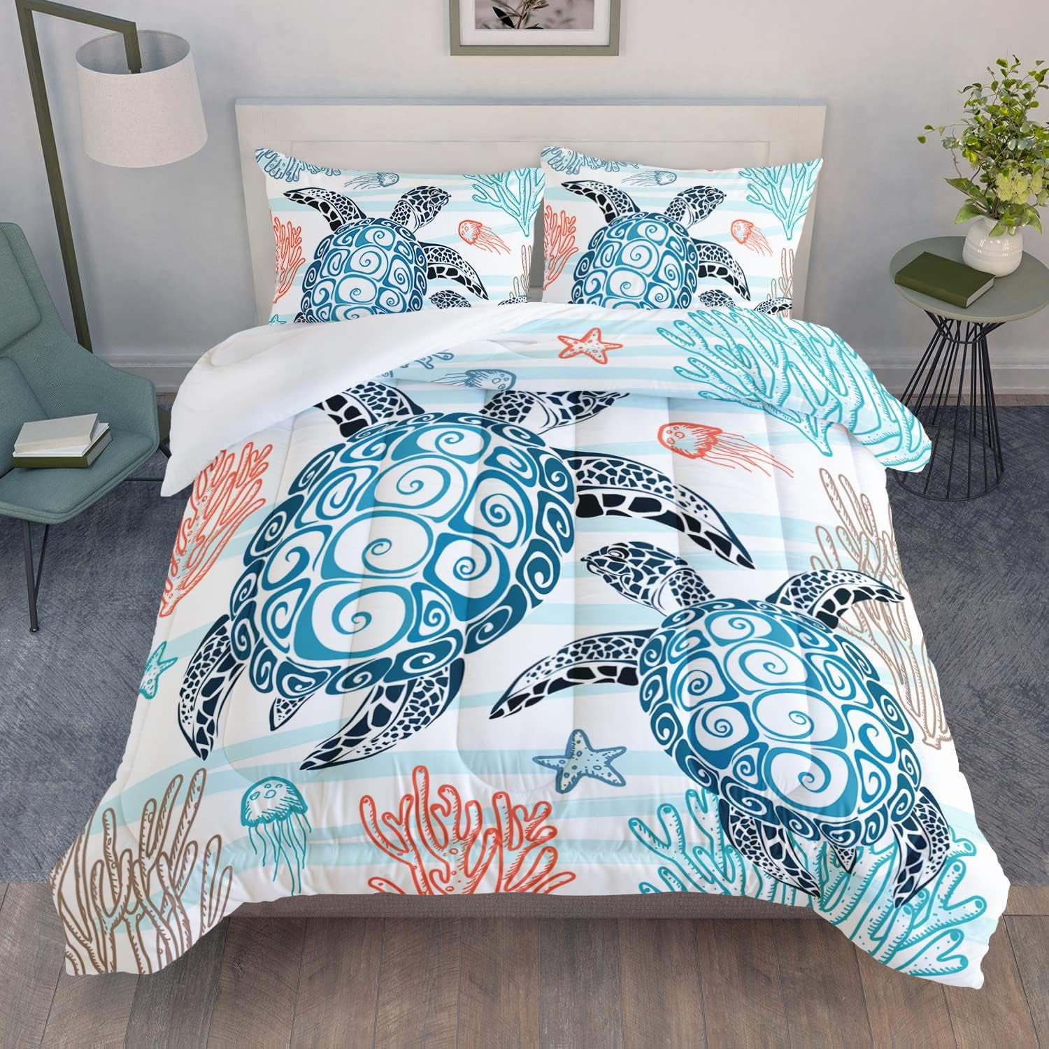 Coastal Beach Themed Bedroom Comforter Set Queen Size, Sea Turtle ...