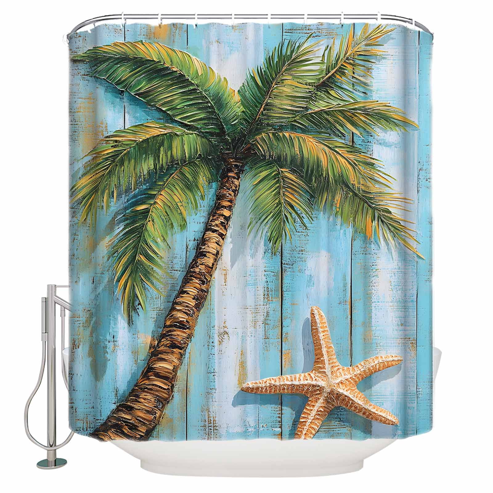 Coastal Beach Tree Bathroom Shower Curtains with 12 Hooks Polyester ...