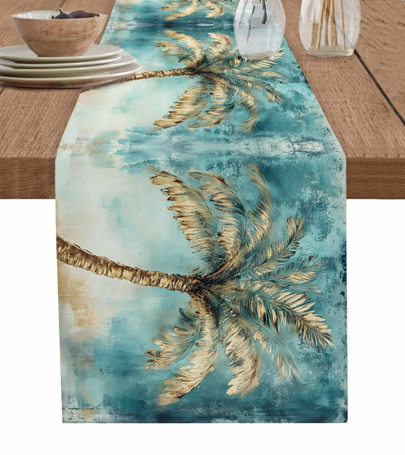 Coastal Beach Tree Burlap Cotton Table Runner 13x72 Inches Long, Summer ...