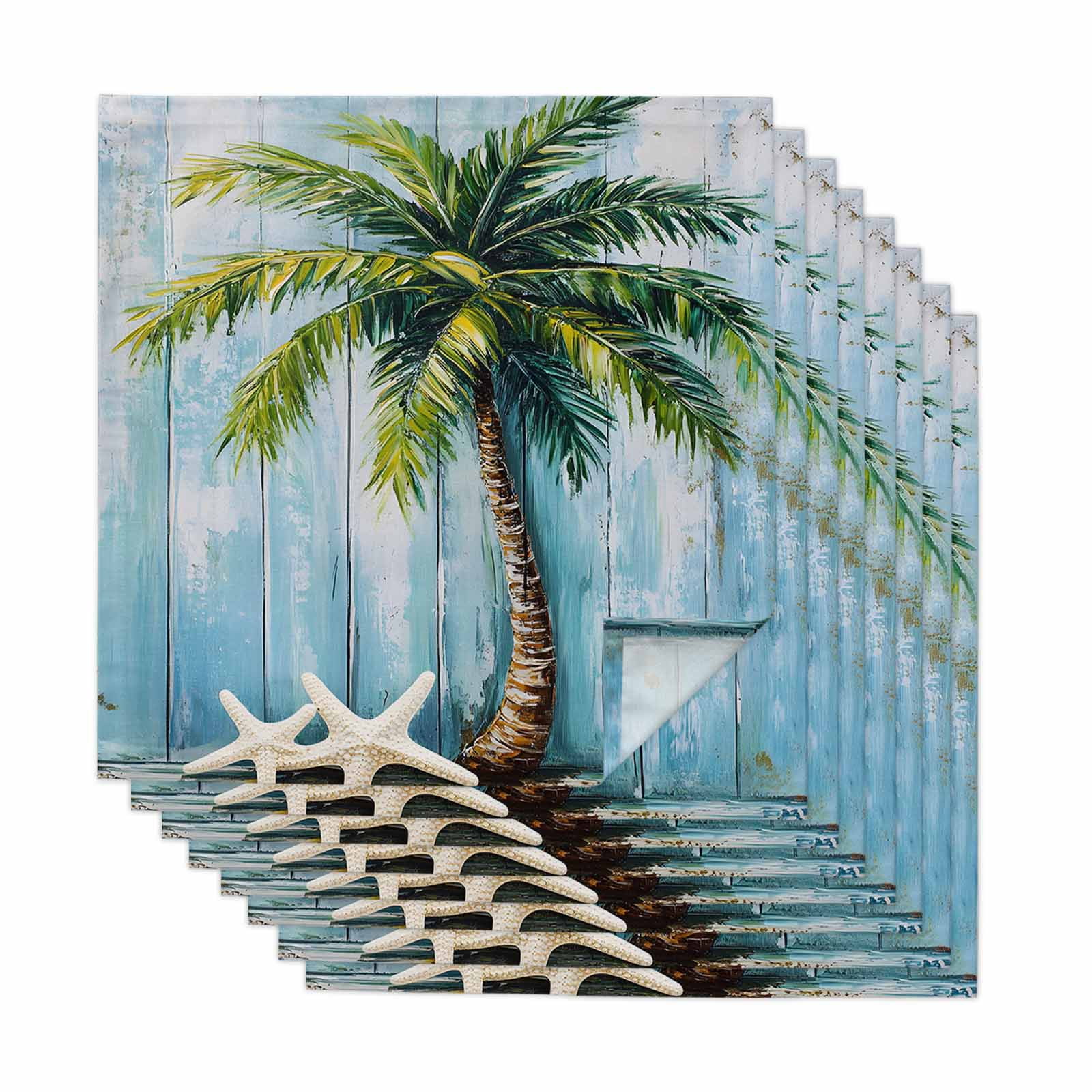 Coastal Beach Tree Cloth Napkins, Ocean Tropical Palm Starfish Blue ...