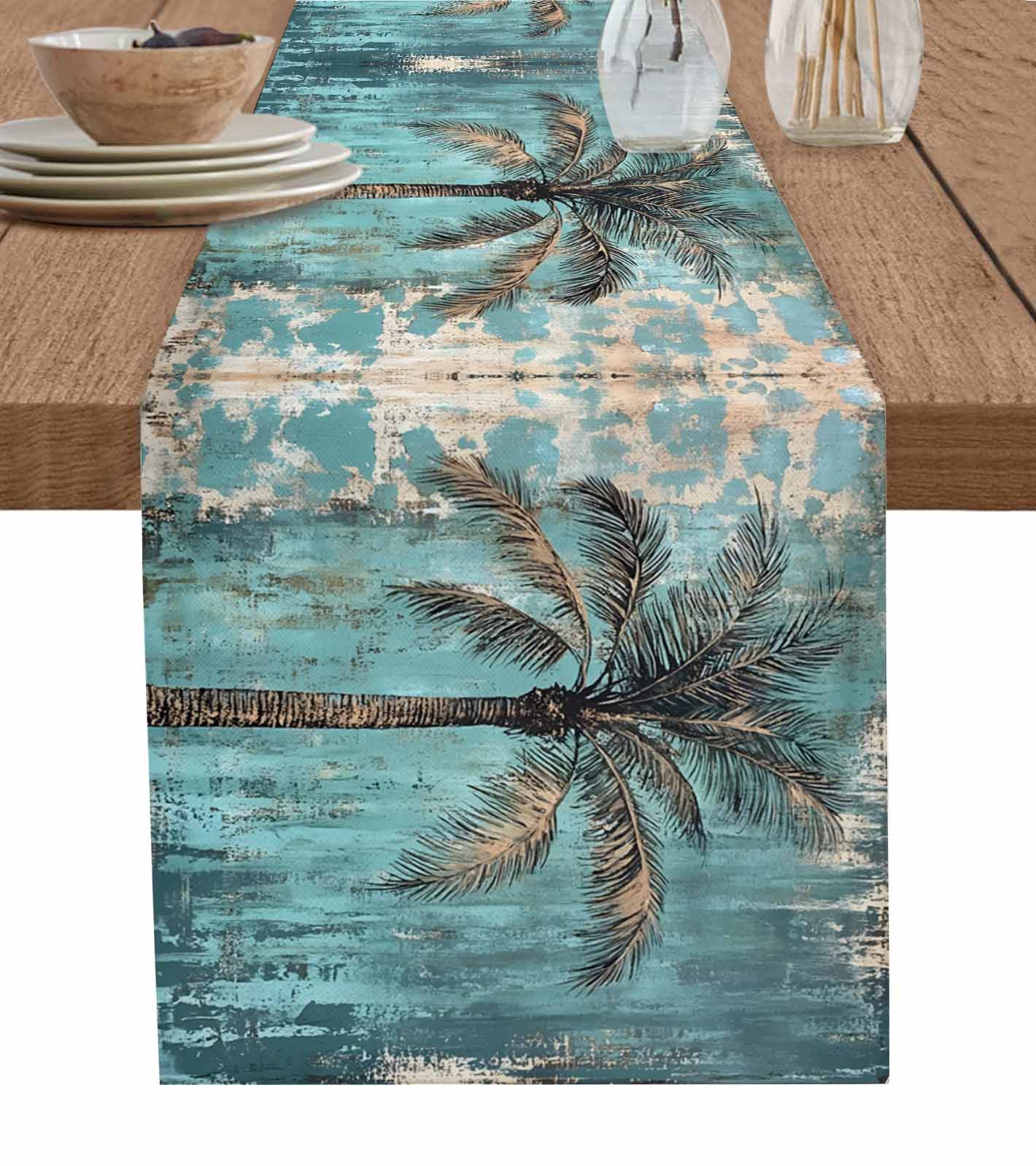 Coastal Beach Tree Green Burlap Cotton Table Runner 13x120 Inches Long ...