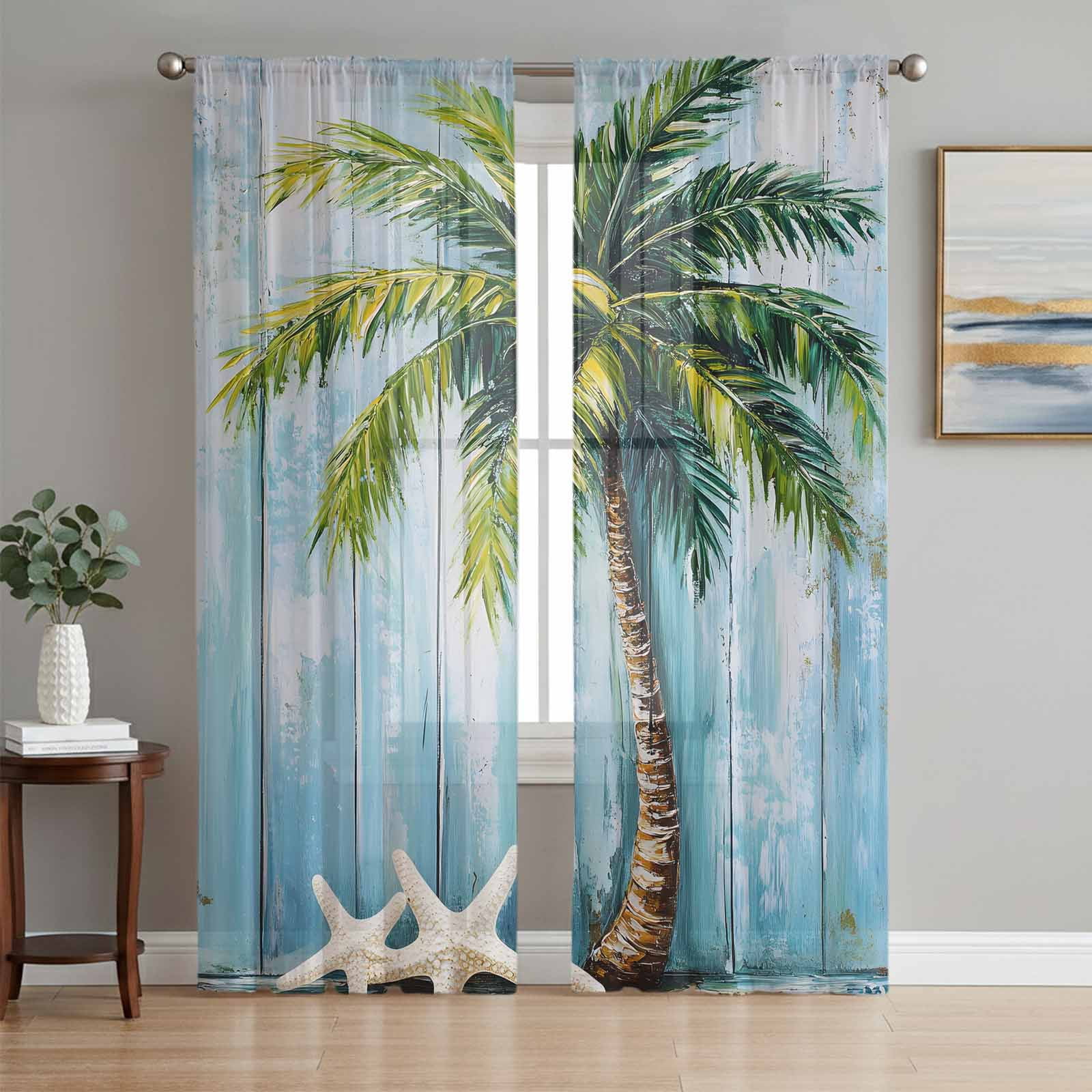 Coastal Beach Tree Sheer Curtains 63 Inch Length 2 Panels Set, Ocean ...