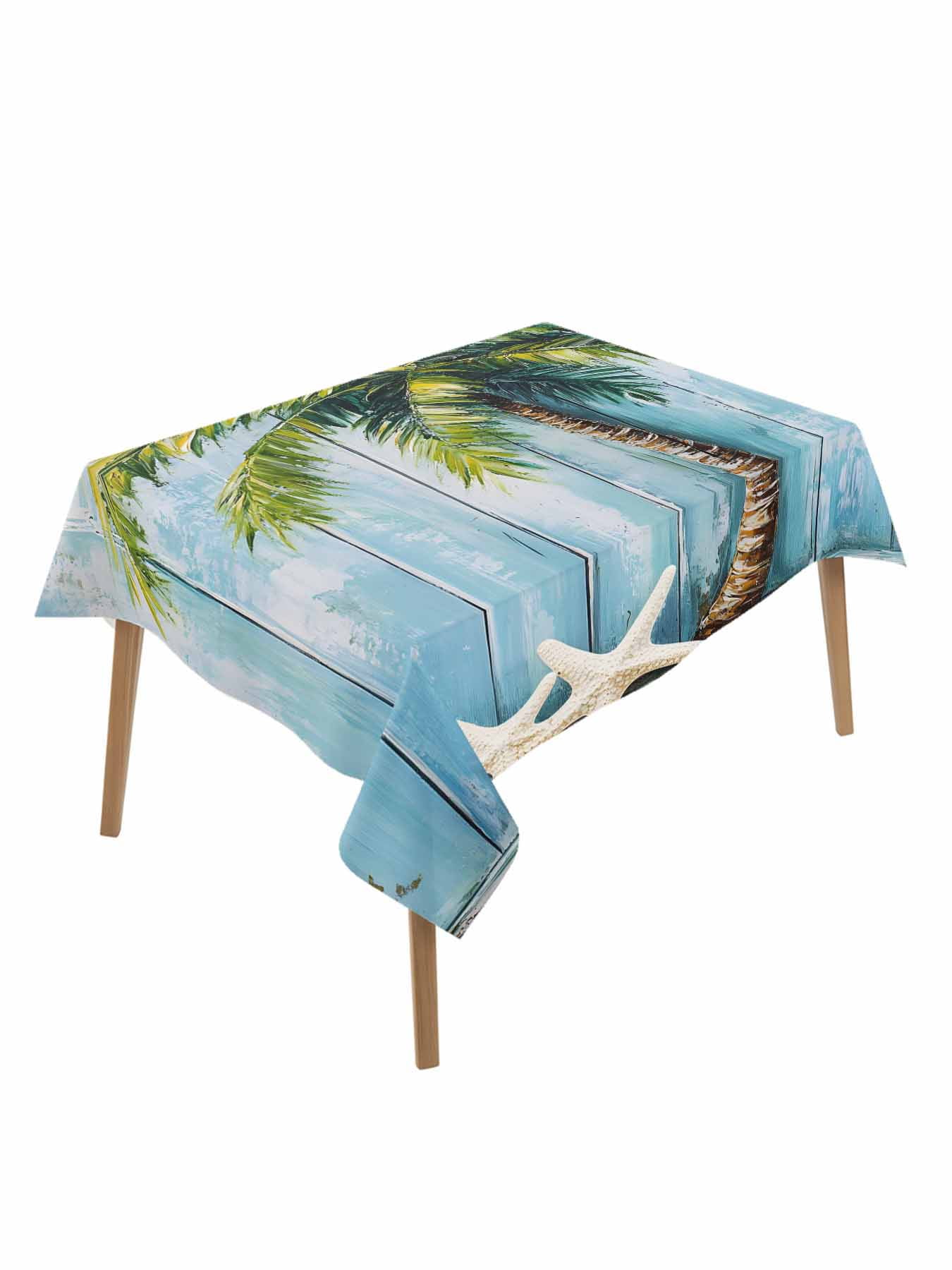 Coastal Beach Tree Table Cloth, Ocean Tropical Palm Starfish Blue Green ...