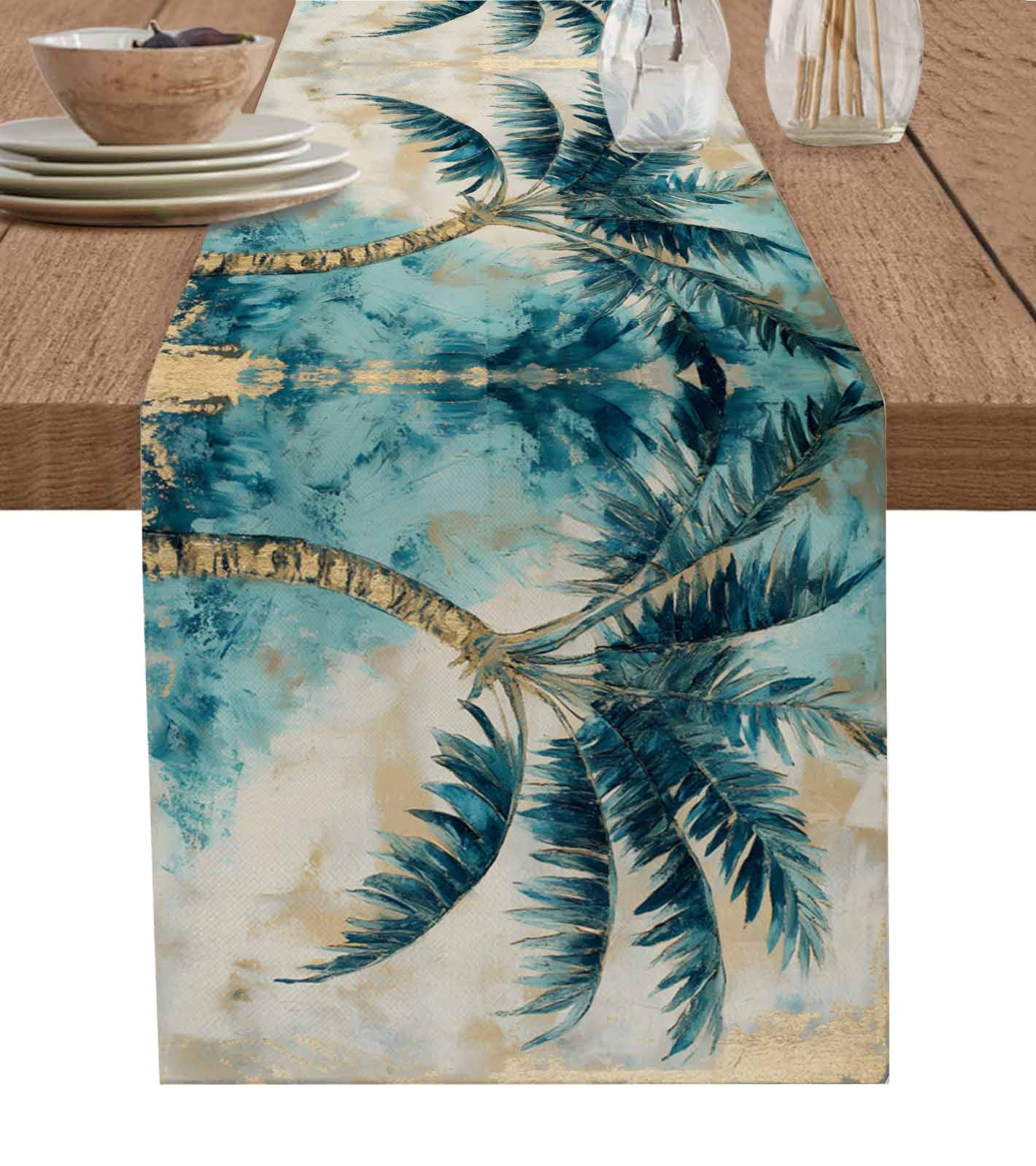Coastal Beach Tree Table Runner 90 Inches, Vintage Tropical Palm Plant ...