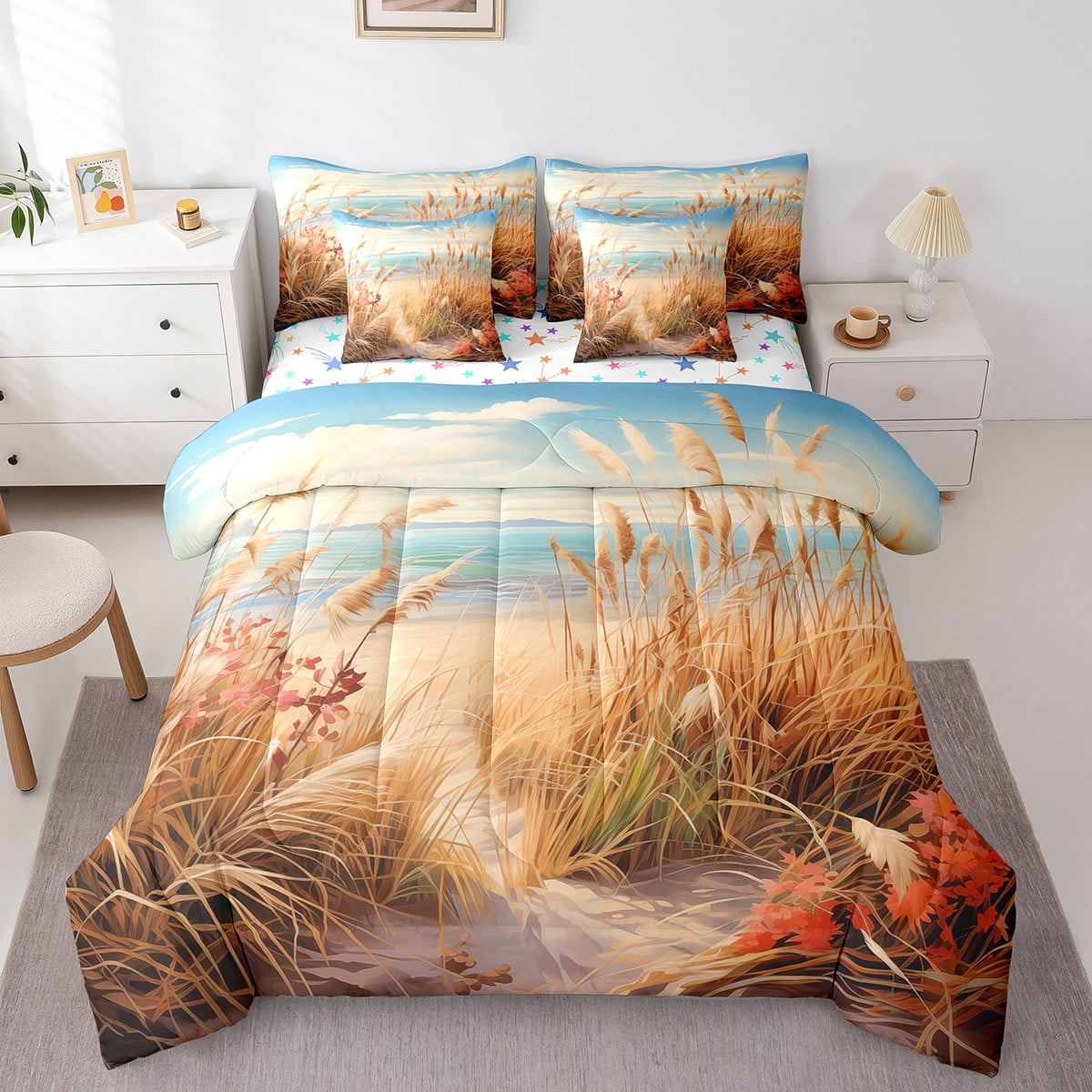 Coastal Beach Twin Bedding Set 7 Piece,Nature Themed Reed Plant Bed In ...