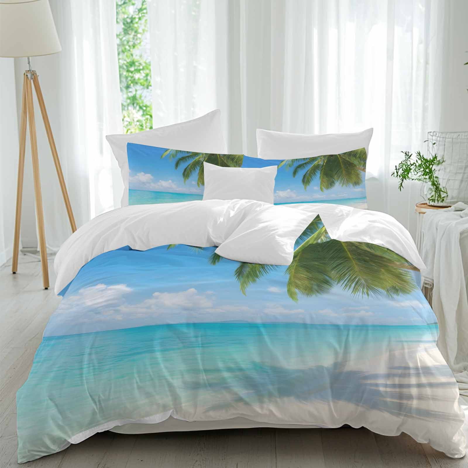 Coastal Beach Twin Duvet Cover Set, Palm Leaf Coconut Trees Sunny Day ...