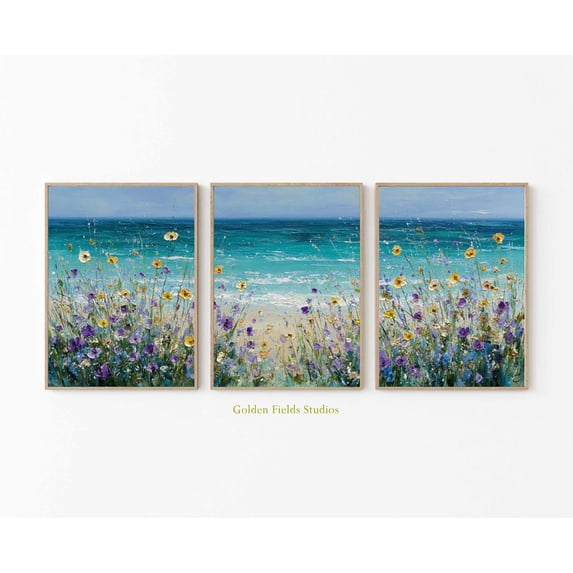 Coastal Beach Wall Art Set of Seaside Ocean & Wildflower Landscape Set ...