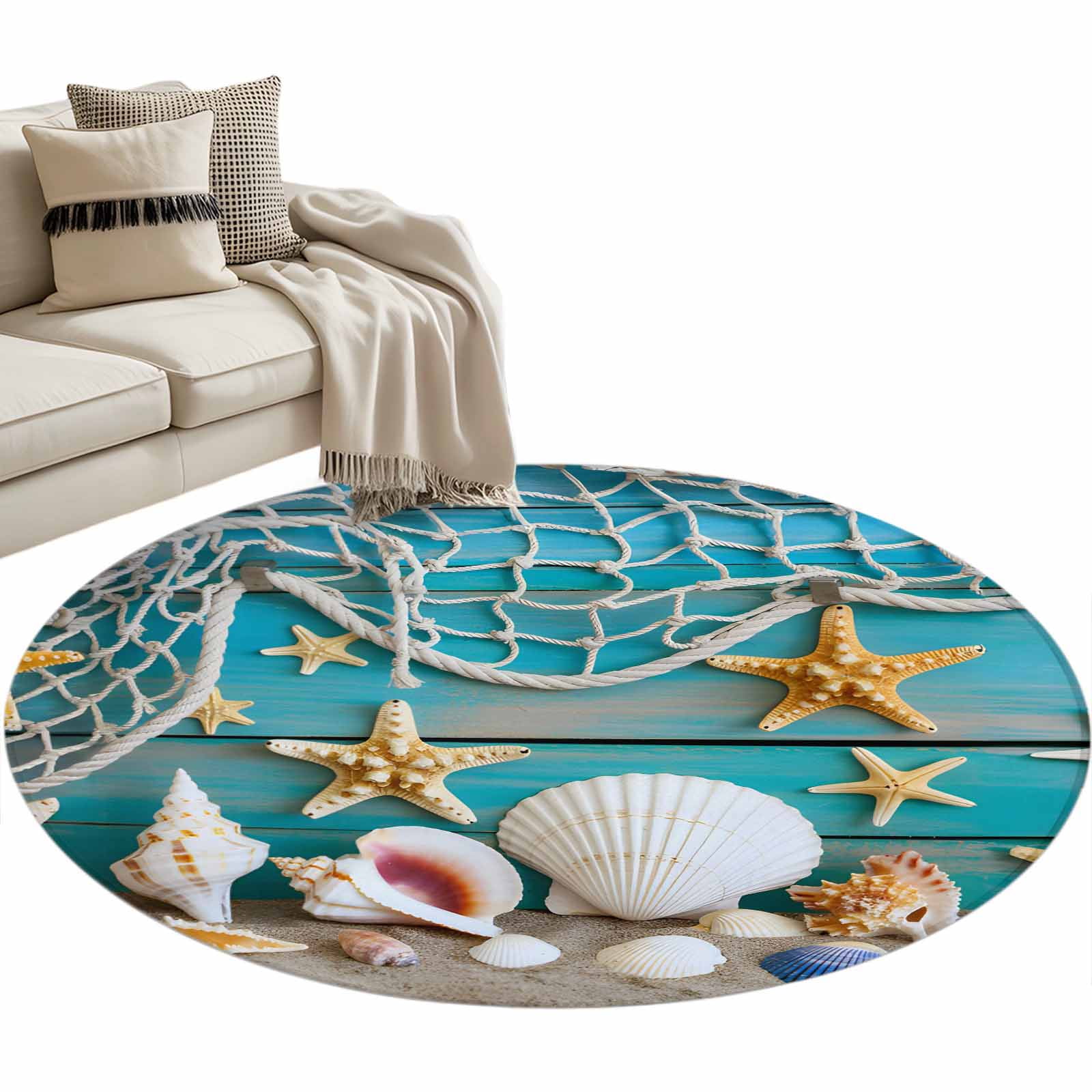 Coastal Beach Washable Area Rug 4 ft Conch Starfish Fishing Net Wood ...