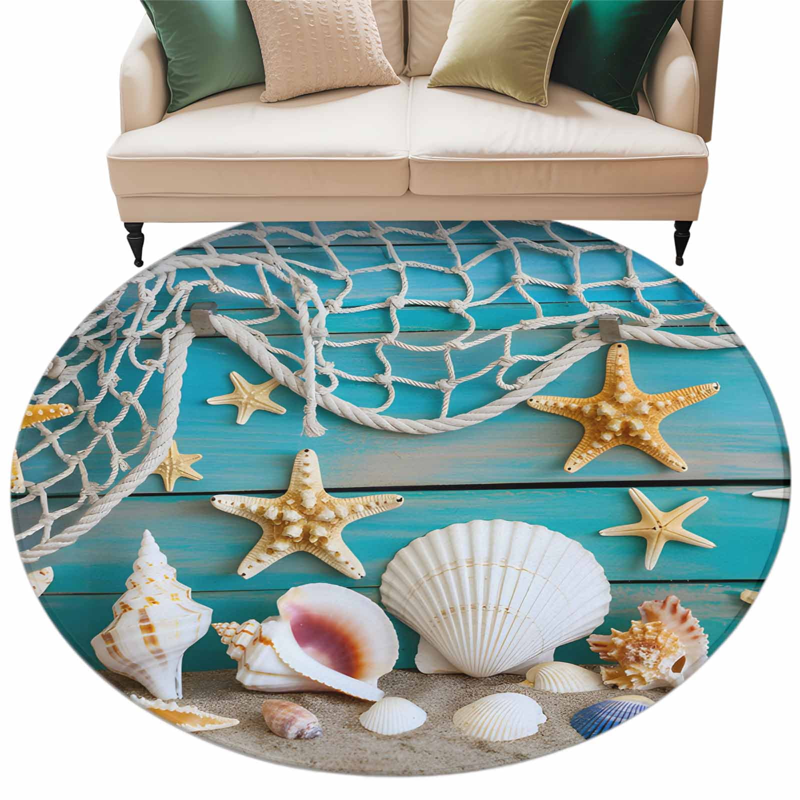 Coastal Beach Washable Area Rug 6 ft Conch Starfish Fishing Net Wood ...
