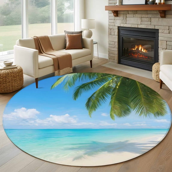 Coastal Beach Washable Round Area Rug 7 ft, Palm Leaf Coconut Trees ...