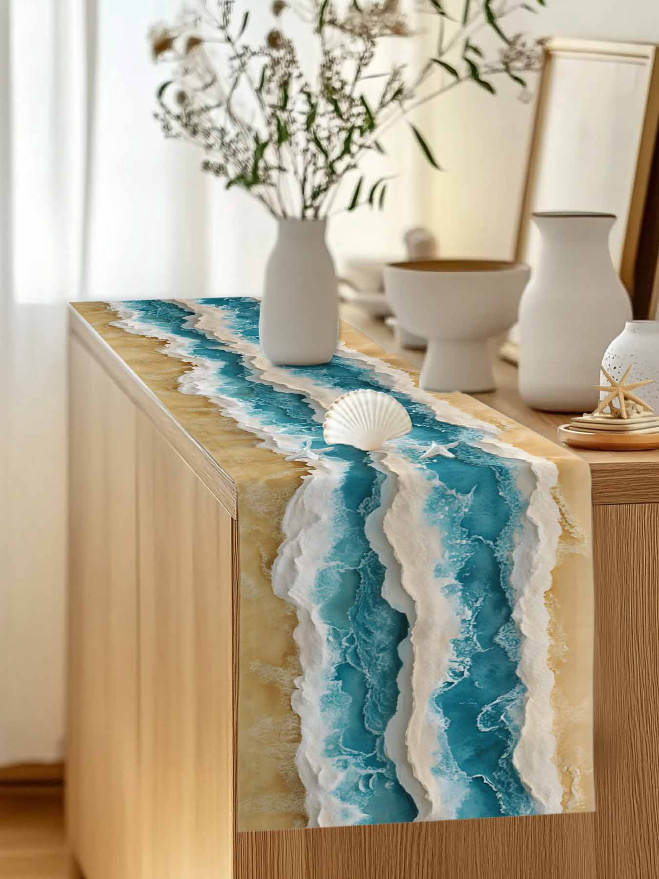 Coastal Beach Watercolor Wavy Table Runner 13x72in Non-Slip Cotton ...