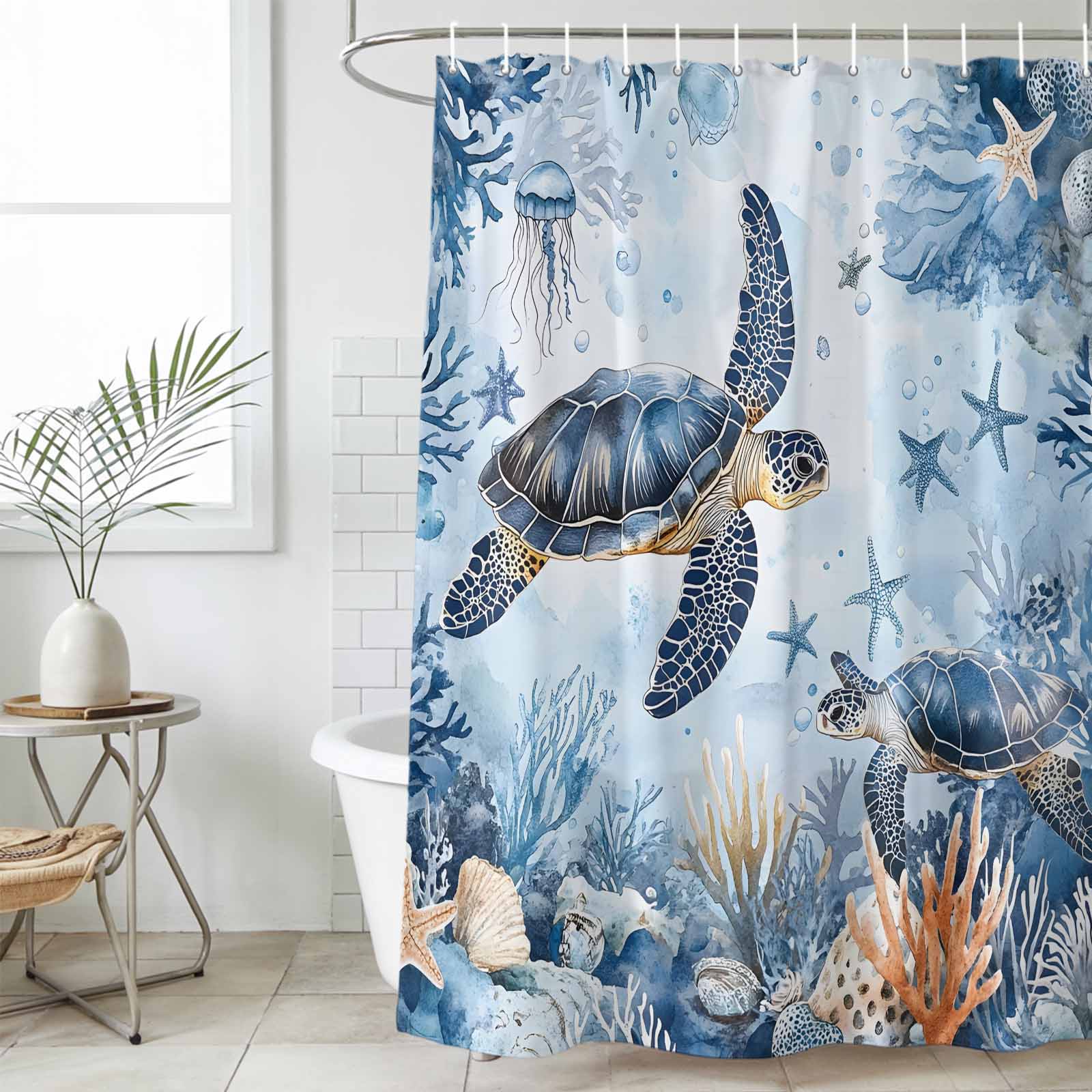 Coastal Beach Waterproof Fabric Shower Curtain,Sea Turtle Nautical ...