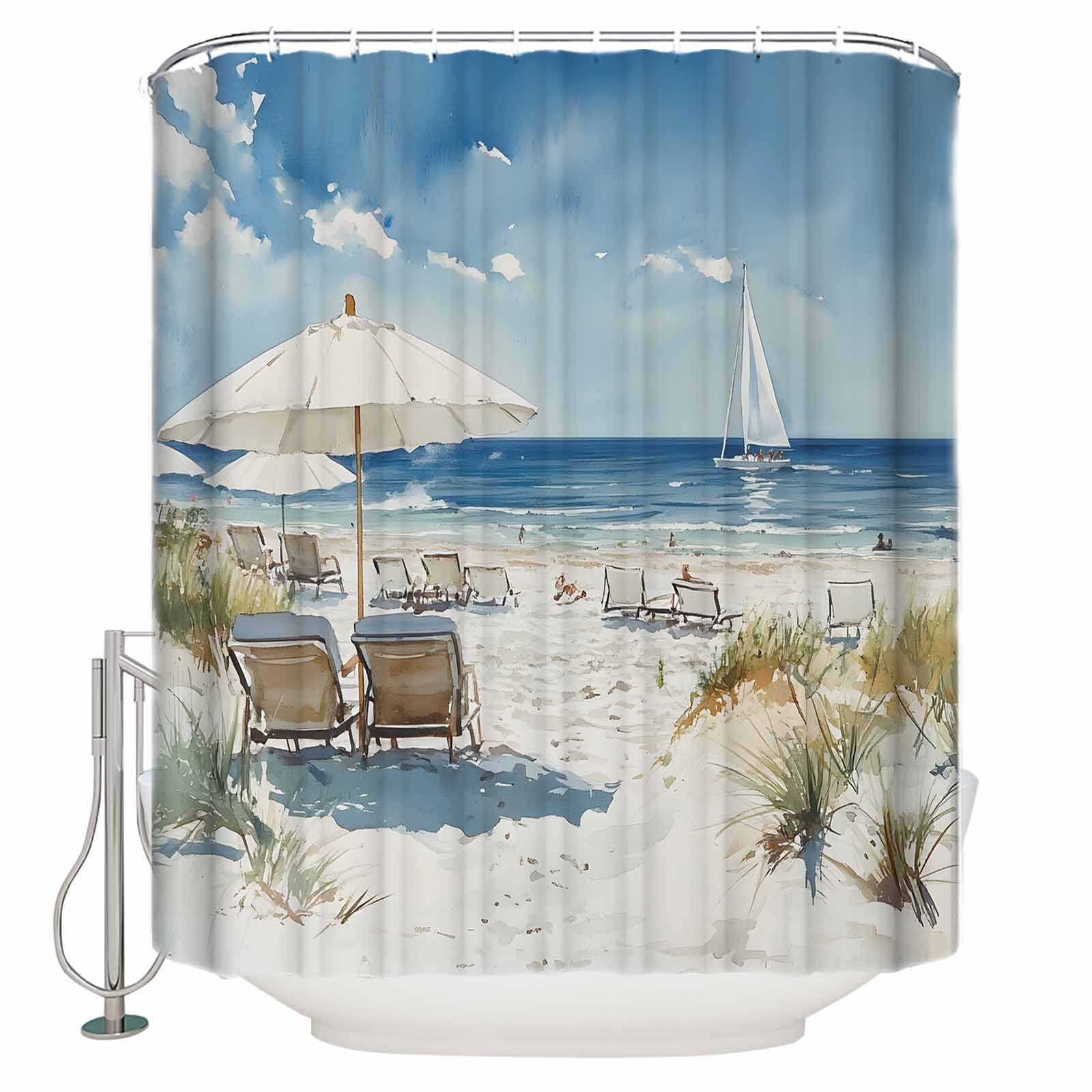 Coastal Beach Wave Bathroom Shower Curtains with 12 Hooks Polyester ...