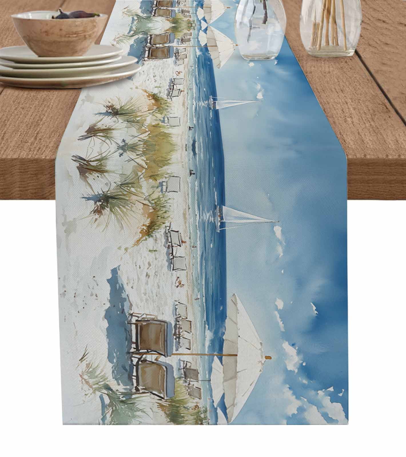 Coastal Beach Wave Burlap Cotton Table Runner 13x36 Inches Short ...