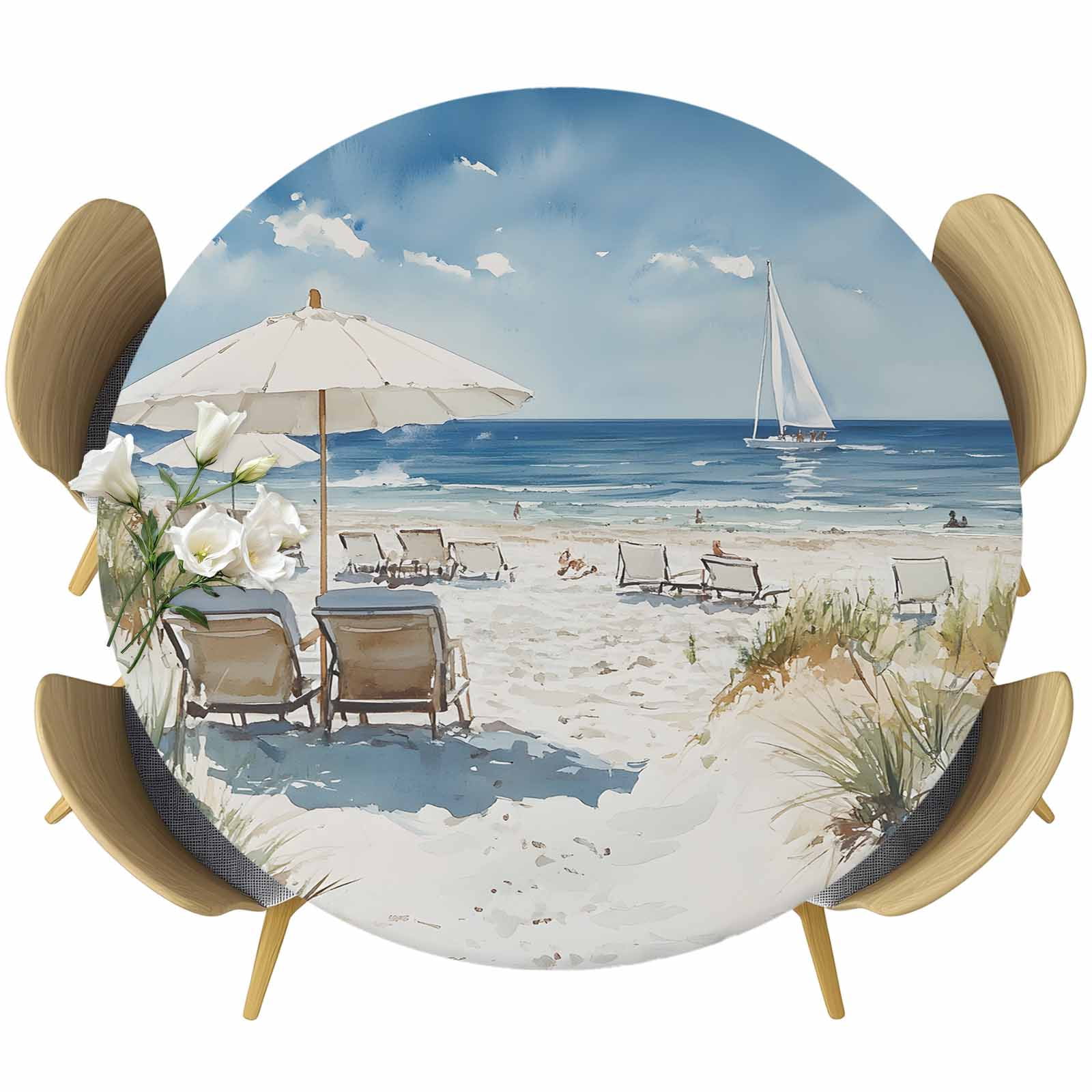 Coastal Beach Wave Round Tablecloth 45-54 Inch Round Fitted Table Cloth ...