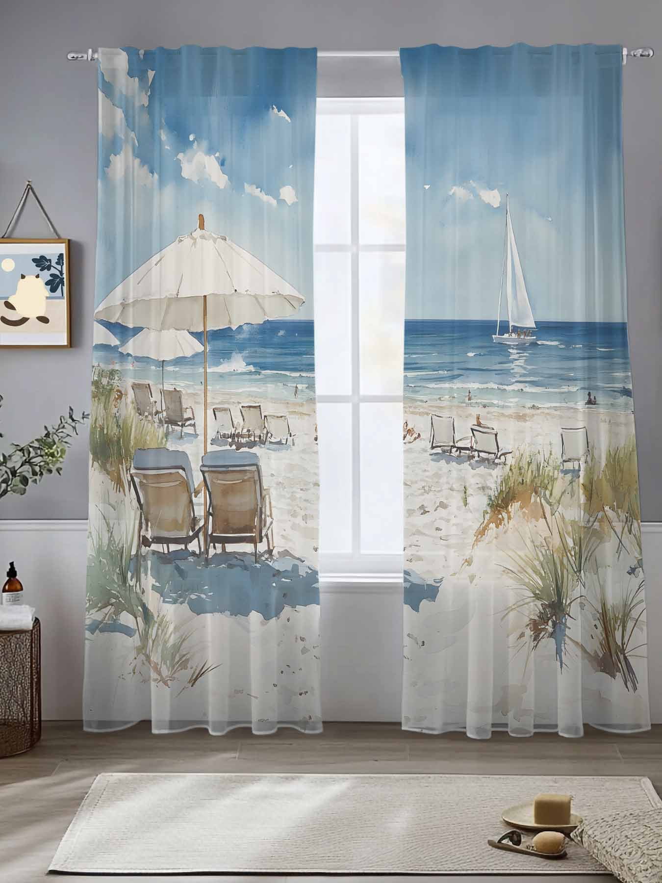 Coastal Beach Wave Sheer Curtains for Living Room Bedroom Summer Ocean ...