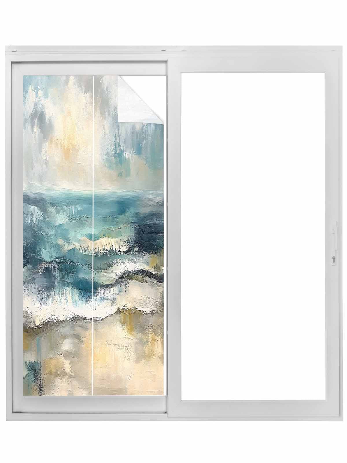 Coastal Beach Window Privacy Film, Abstract Oil Painting Ocean Wave ...