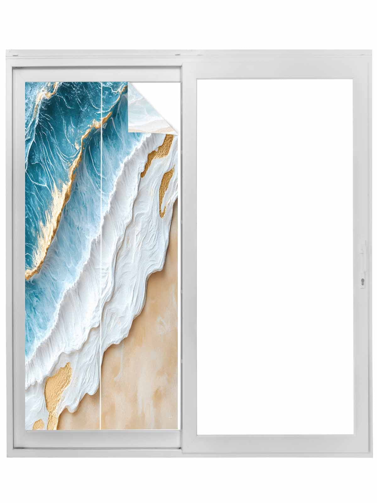 Coastal Beach Window Privacy Film, Nautical Ocean Blue Beige Seaside ...