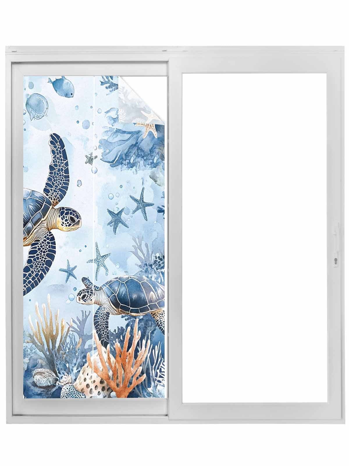 Coastal Beach Window Privacy Film, Sea Turtle Nautical Coral Starfish ...